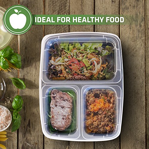 Prep Container Chef [15 Pack] 3 Compartment Bento Lunch Box. Reusable 32oz Food Storage portion Control Meal Prep Containers, Stackable, Microwave/Dishwasher/Freezer Safe. Weight Loss & Keto Diet.