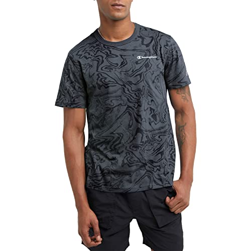 Champion Tee, Classic, Men’s T-Shirts, C Logo, Prints, Liquid Marble Stealth Grey Script, Medium