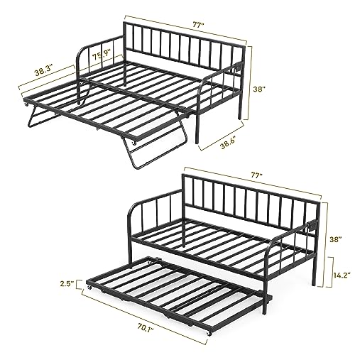 CollaredEagle Daybed with Trundle, Adjustable Sofa Bed Frame with Charging Station, Metal Twin Daybed with LED Lights for Living Room, Bedroom and Guest Room, Black
