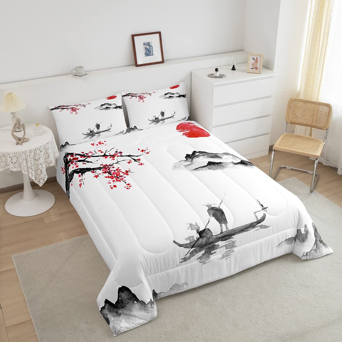 Japanese Ukiyoe Theme Comforter Set Hokusai Pattern Bedding Set Japanese-Style Comforter White Quilted Duvet Set for Kids Boys Girls Full