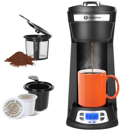 Aigostar Single Serve Coffee Maker for K Cup and Ground Coffee, 24H Timer, 6 to 14 Oz Brew Sizes, Single Cup Coffee Maker with Self-Cleaning, Fits Travel Mug, Fast Brewing Capsule Coffee Machine,Black