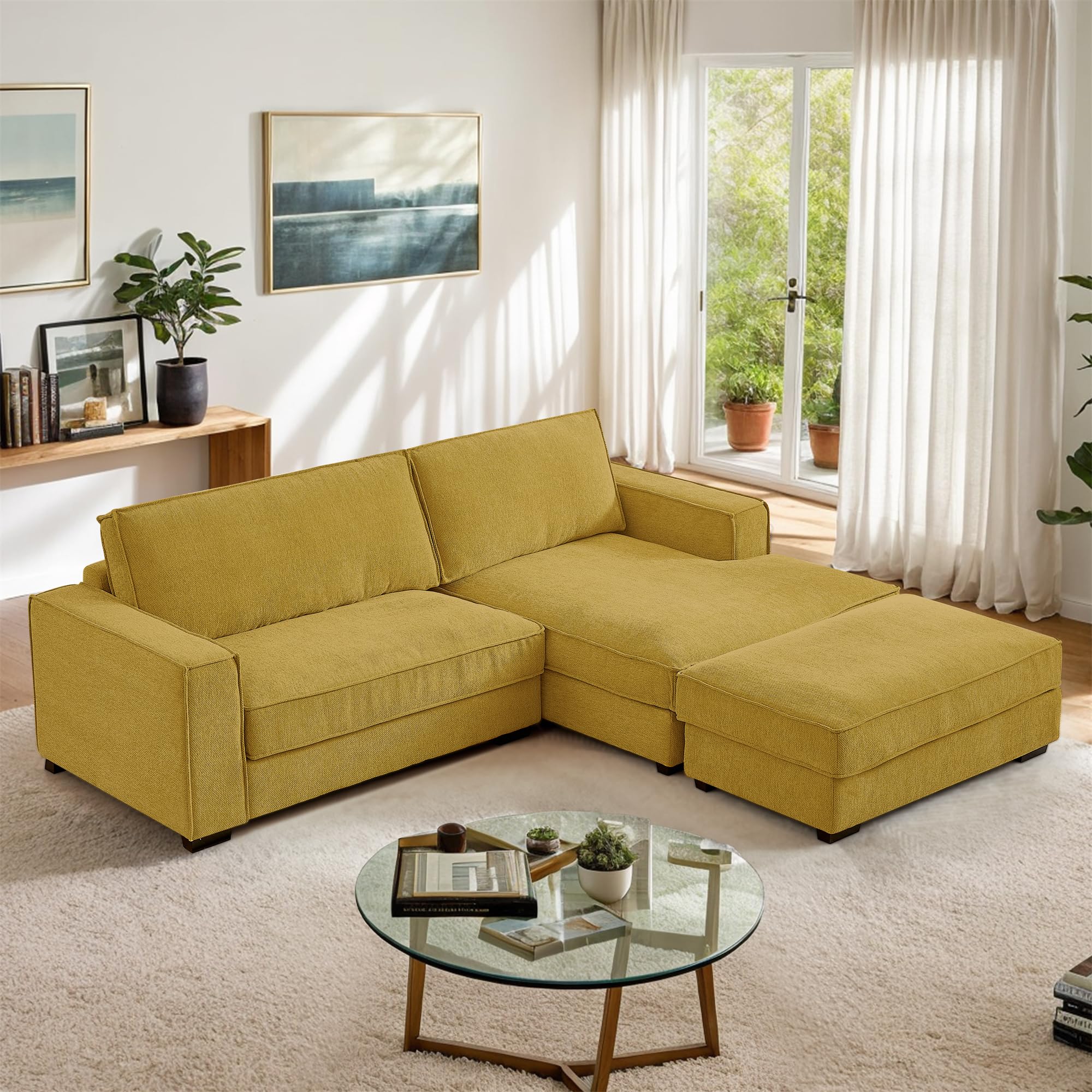 AUGOP Modern Chenille Fabric Ottoman for Modular Sectional Sofas - Versatile Footrest Living Room, Bedroom, Office Spaces (Yellow, Ottoman)