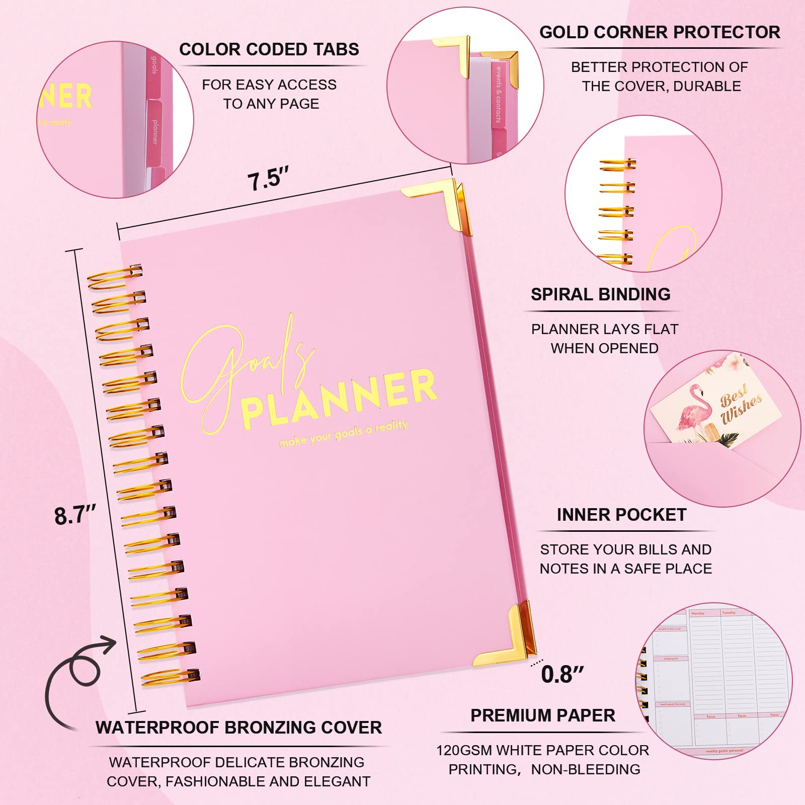 A5 Undated Daily Weekly Monthly Diary Journal Planner Agenda Notebook-Make Your Goals a Reality -Gratitude & Goals 6 Month Hardcover Spiral Bound Journal