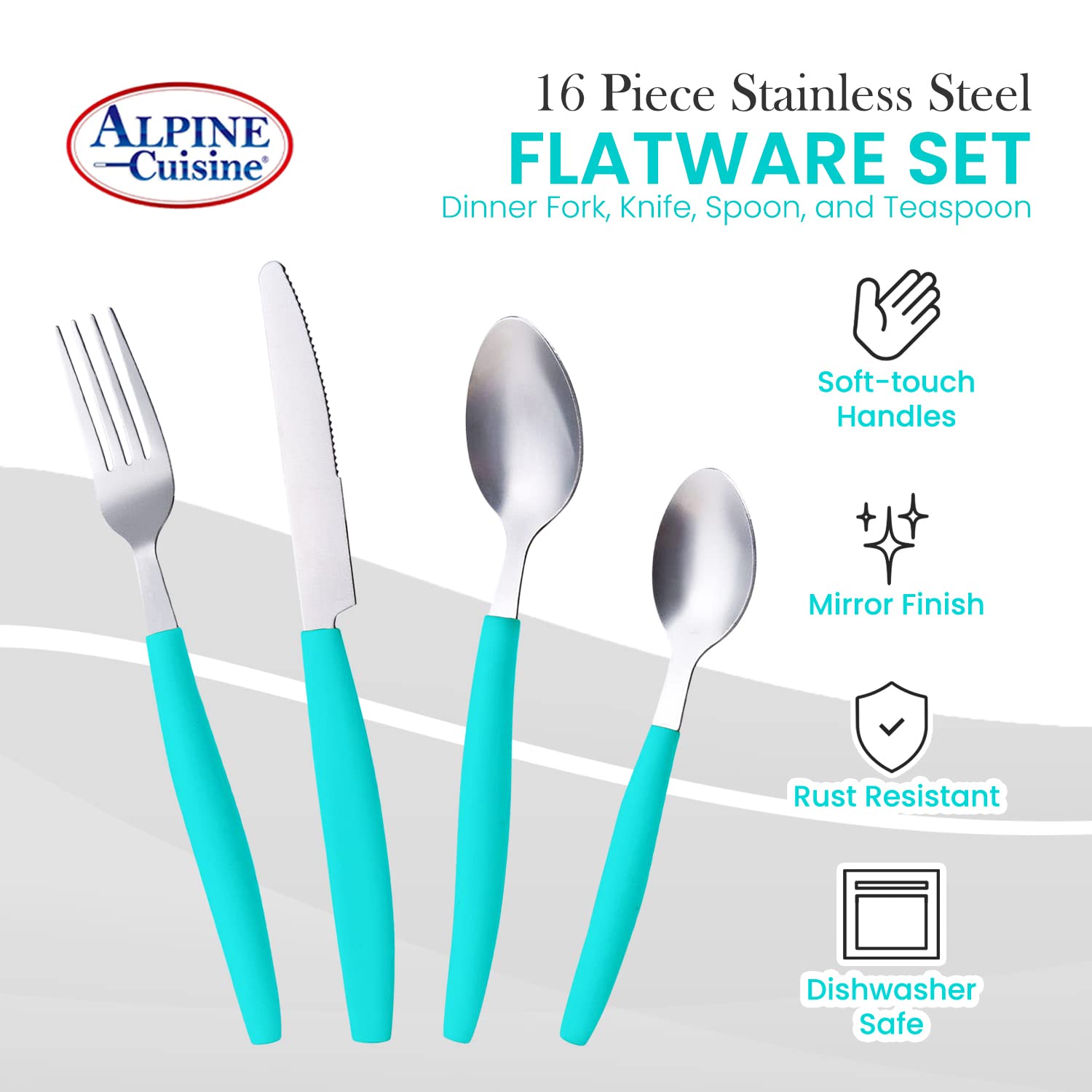 ALPINE CUISINE Flatware Set 16 Piece Service for 4, Stainless Steel Flatware Cutlery Set Includes Dinner Knives/Forks/Spoons - Great for Camping or College Dorms - Dishwasher Safe - Aqua