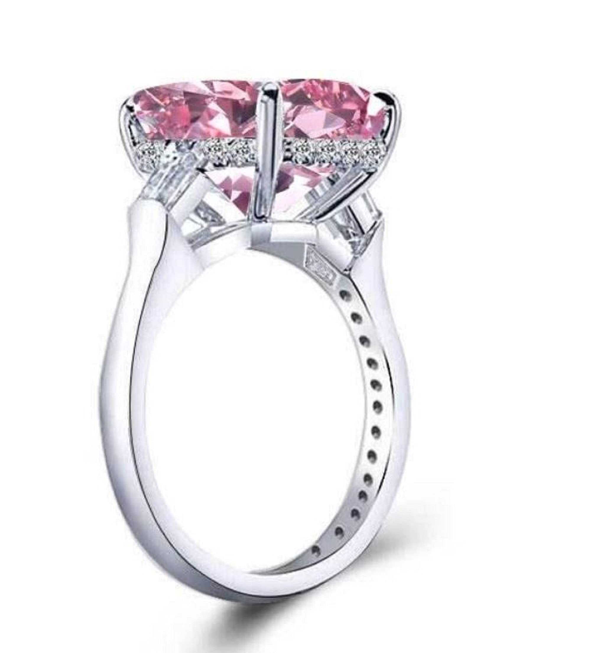 5 Ct Emerald Cut Created Pink Sapphire & Baguette Cut Created Diamond Three Stone Engagement Ring 14k White Gold Plated 925 Sterling Silver (5.5)