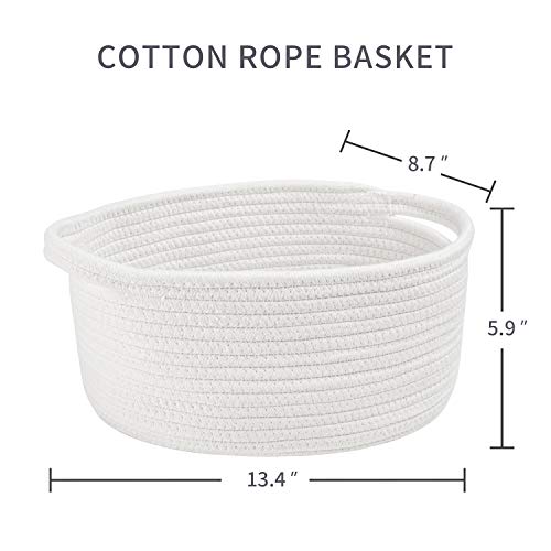 Cotton Rope Basket with Handles 13.4" x 8.7" X 5.9" Woven Cotton Rope Storage Baskets are Ideal for Toy Baskets Laundry Baskets Blanket Baskets and Nursery Baskets(White)