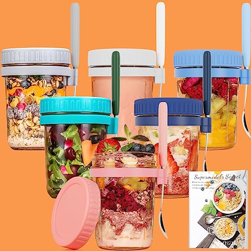 AYGXU 6PCS Overnight Oats Containers with Lids and Spoon,14 oz Wide Mouth Mason Jars for Overnight Oats, Glass Food Storage Containers for Salads Yogurt Cereal Milk On The GoïŒwith Recipe BookïŒ