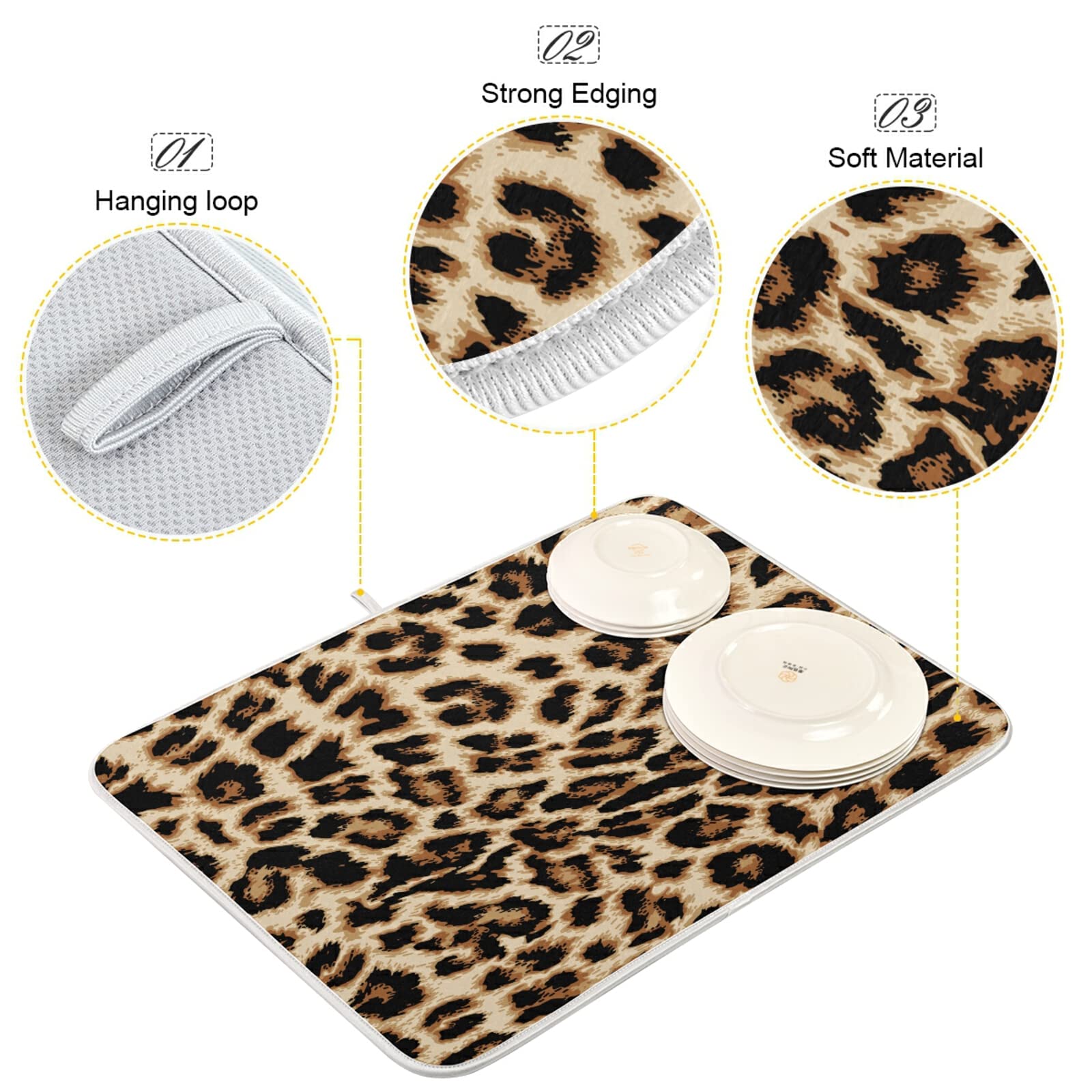 Aflyko Dish Drying Mat Leopard Print Animal Microfiber Absorbent Drying Pad Heat Resistant Kitchen Island Protector Seasonal Gift 16" × 18"