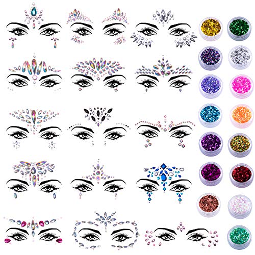 SIQUK 15 Sets Face Gems Glitter Mermaid Face Jewels Crystal Stickers with 15 Boxes Chunky Face Glitter for Festival Rave Carnival Party