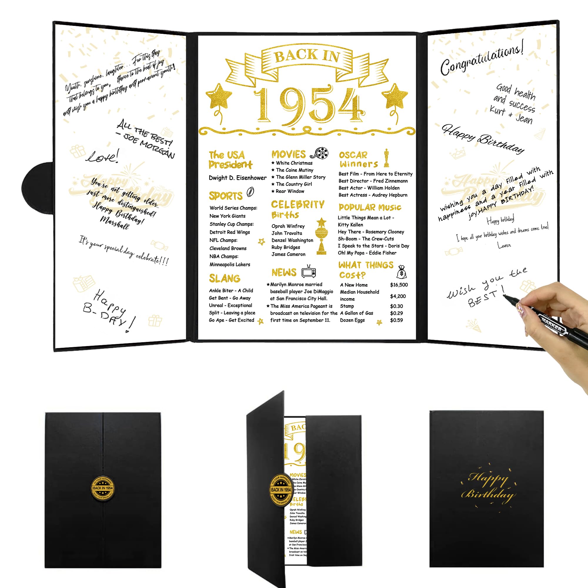 DARUNAXY Black Gold 70th Birthday Alternative Signature Card Back in 1954 Sign Certificate Cheer to 70 Year Board Table Party Decorations for Men Women Vintage 1954 Signature Guest Book Party Supplies