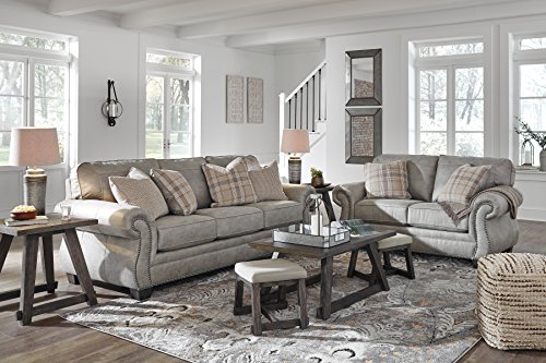 Signature Design by Ashley Olsberg Faux Leather Loveseat with Nailhead Trim and 2 Accent Pillows, Gray