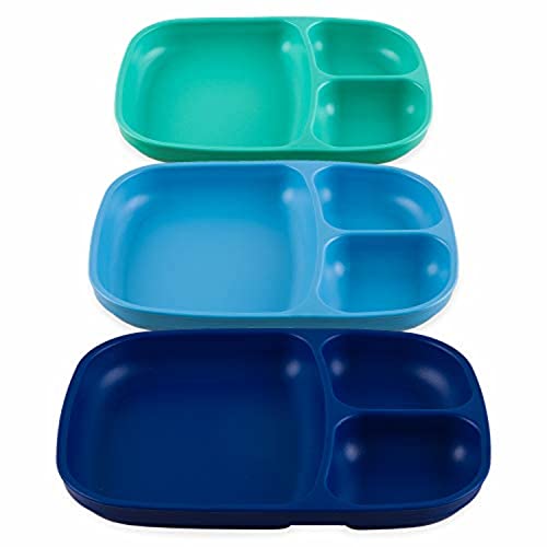 Re-Play Made in USA Large, Deep Walled Divided Plates for Kids, Set of 3 - Reusable 3 Compartment Plates, Dishwasher and Microwave Safe - 9" x 7.5" x 1.25" Divided Trays, True Blue