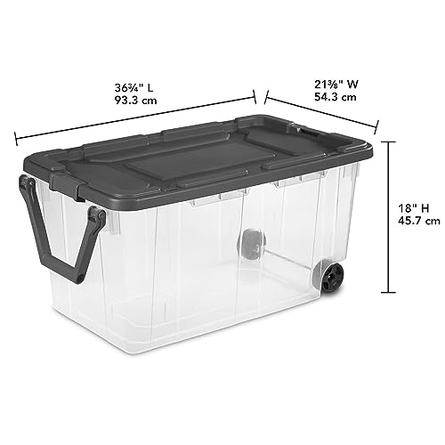 AVSAN Wheeled Industrial Tote Plastic Storage Box with Durable Lid 40 Gallon /151 Liter Rolling Storage Bins with Lids & Base w/Racer Red Handle & Latches, Black, 2-Pack