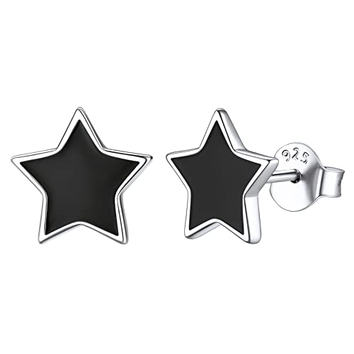 ChicSilver 9MM Simple Small Black Stud Earrings 925 Sterling Silver Star Earrings Hypoallergenic Black Earrings for Women Sensitive Ears