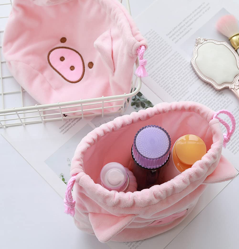 AKOAK 1 Pack Cute Fluffy Piglet Makeup Bag, Drawstring Tote Bag, Portable Travel Makeup Bag Storage Organizer