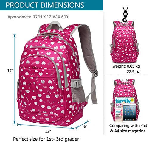 BLUEFAIRY Girls Backpack Kids Elementary School Bags Child Bookbags Waterproof Lightweight Travel Sturdy Durable Gift Mochila Para 5.6.7.8.9.10 Niñas(Rose Red)