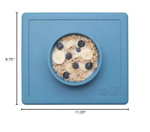ezpz Happy Bowl - 24 Months + (Blue) - 100% Silicone Suction Bowl with Built-in Placemat – Dishwasher Safe