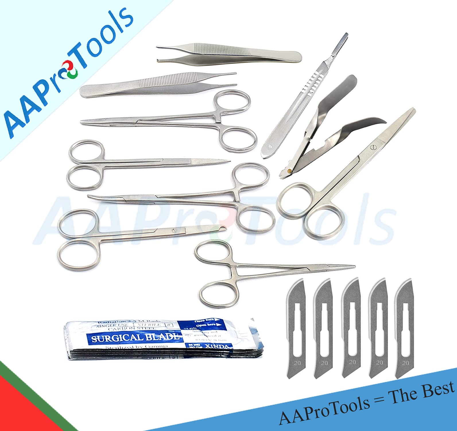 AAProTools 5 Blades No 20 Plus ADSON Forceps Webster Needle Holder HEMOSTAT Mosquito Forceps Scalpel Handle IRIS Scissors Operating Scissors