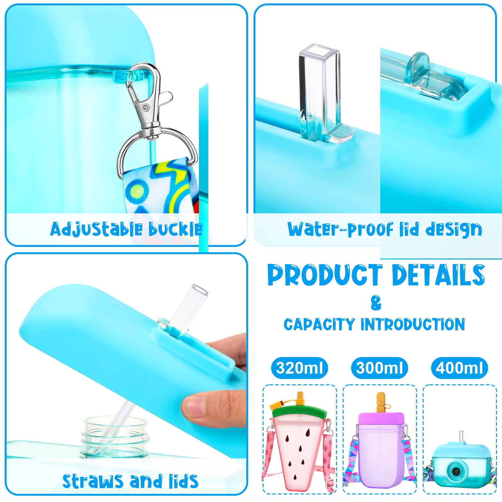 9 Pieces Cute Water Bottles with Straw Camera Ice Cream Bar Watermelon Shaped Adjustable Strap Plastic Water Bottle Leakproof Kawaii Water Bottle Plastic Fruit Water Cups for Kids School Girls Travel