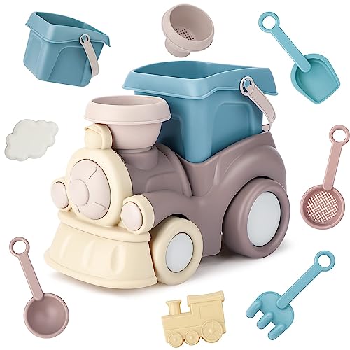 Aigitoy Beach Toys for Toddlers, Kids Sand Toys Includes Beach Bucket, Dump Train Toy, Sand Shovel, Rake, Small Watering Can and Bonus Mesh Bag Outdoor Tool Kit for Kids - Sandbox Toys with Gift Box