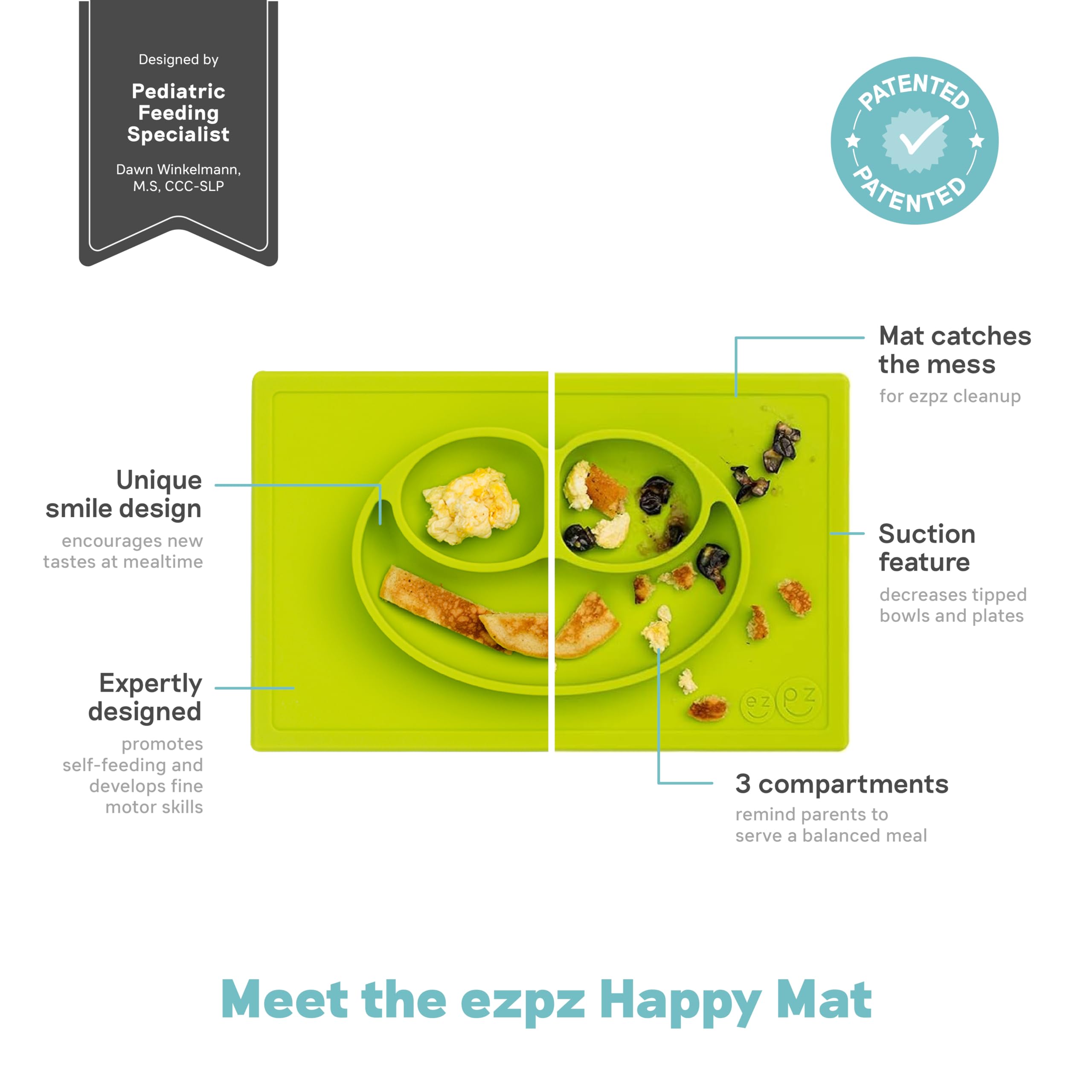 ezpz Happy Mat - 24 Months+ (Lime) - 100% Silicone Suction Plate with Built-in Placemat for Toddlers + Preschoolers - Divided Toddler Plates - Toddler Essentials…