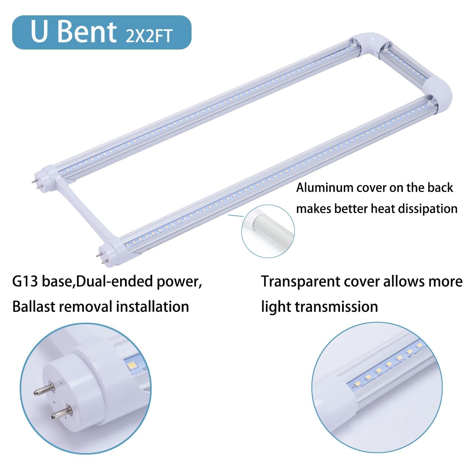 40 Pack T8 U Bend LED Tube Light Fixture,LED U Shaped Bulbs,2x2FT 24W(50W Equivalent),6000K Daylight White,G13 Base Dual-End Powered,Ballast Bypass,LED Bulb Clear Cover 100-277V(24w Clear, 40 Pack)