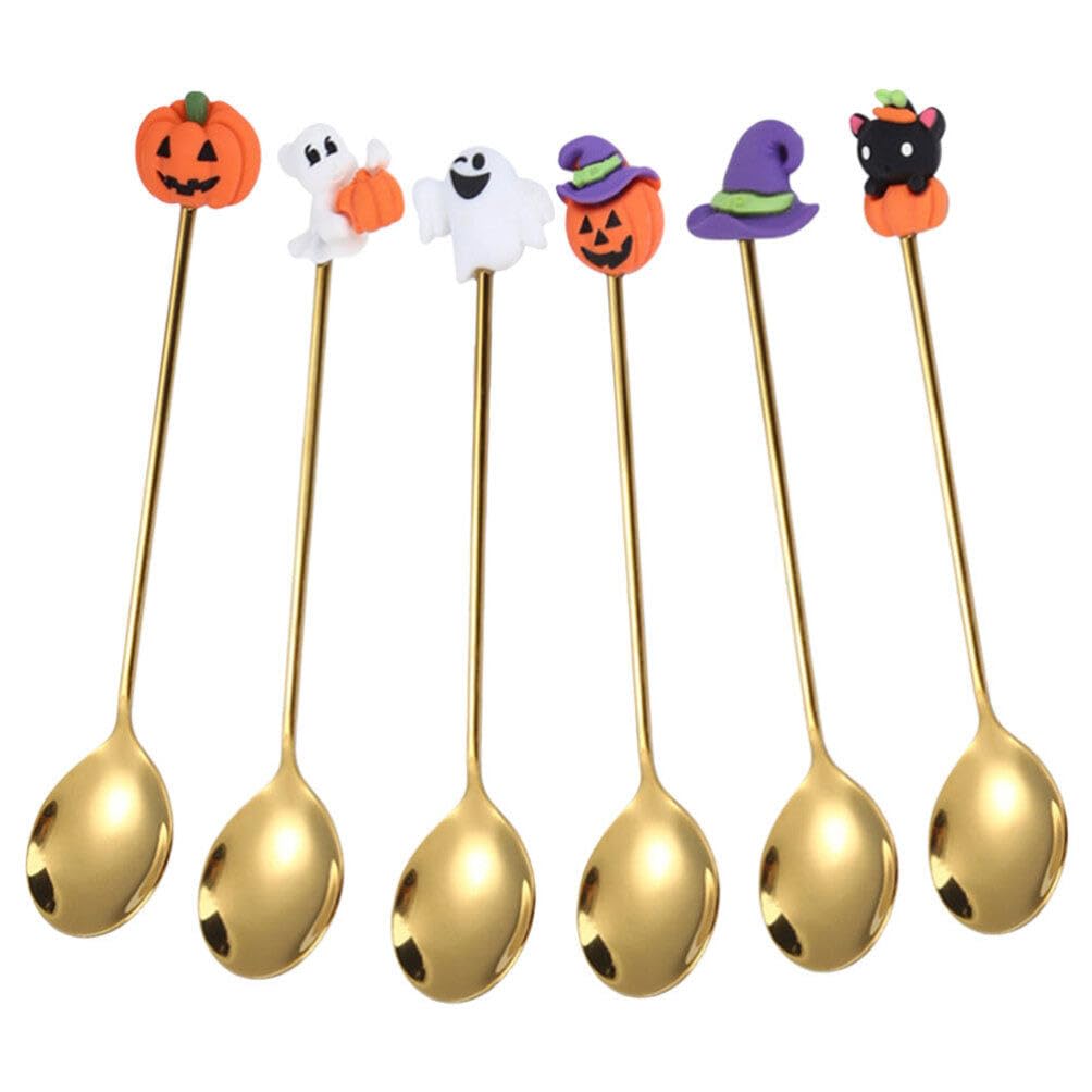Spoons 6pcs Halloween Spoons Pumpkin Witch Hat Ghost Spoons Dessert Spoon Coffee Spoon Ice Cream Spoon Tea Spoon Mixing Spoons for Halloween Home Party Golden Serving Utensils