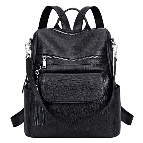 ALTOSY Genuine Leather Backpack Purse for Women Large Convertible Shoulder bag Ladies Crossdody Bag with Tassel(S115 Black)