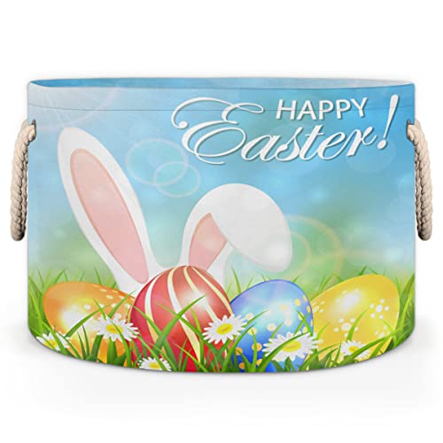 Happy Easter Eggs And Rabbit Large Round Baskets for Storage Laundry Baskets with Handles Blanket Storage Basket for Bathroom Shelves Bins for Organizing Nursery Hamper Girl Boy