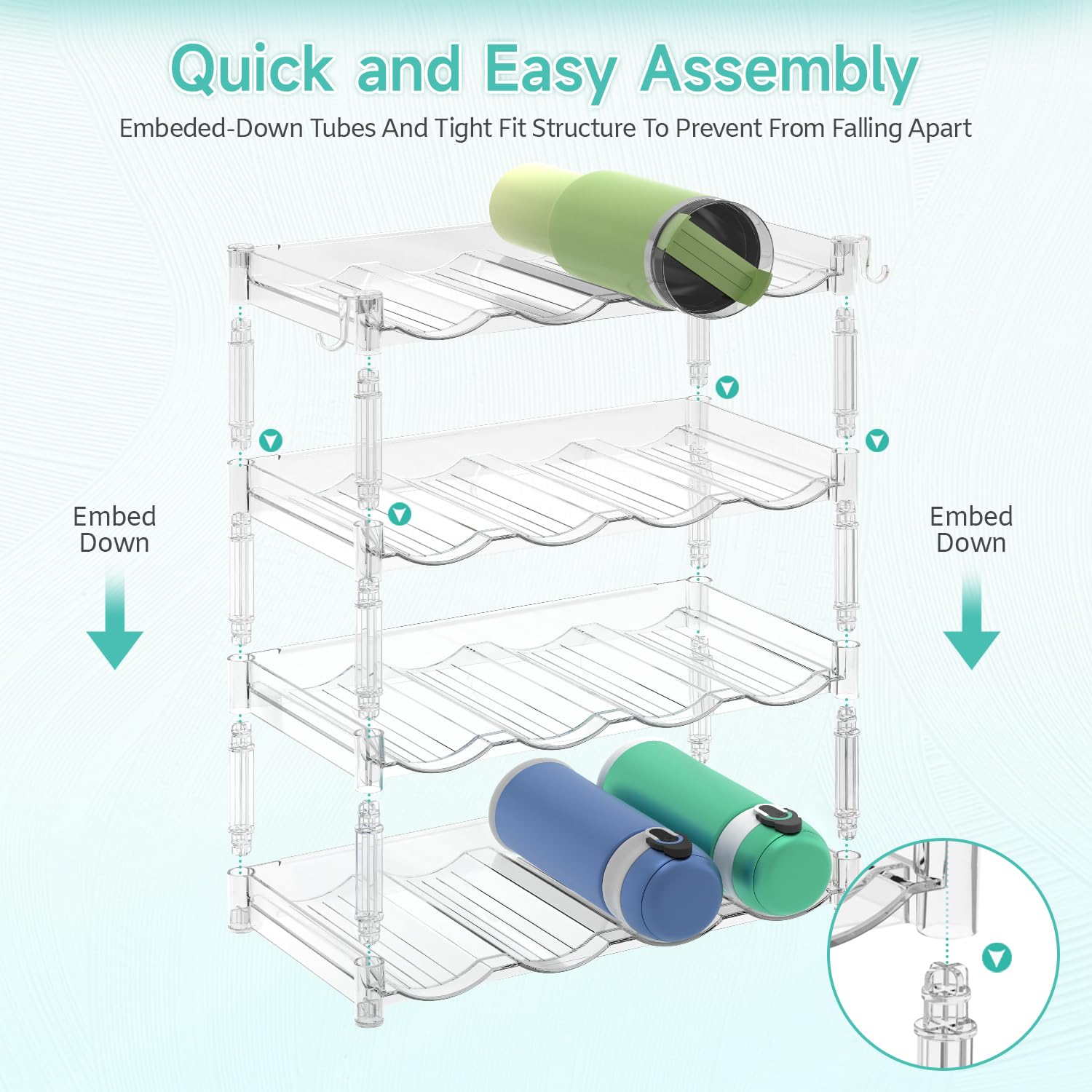 PouHenier.jh 4 Tier Large Water Bottle Rack Organizer for Cabinet, Stackable Tumbler Storage Organization Holder with 2 Hooks for Kitchen Countertop and Refrigerator, Compatible with 40 oz (Hold 16)