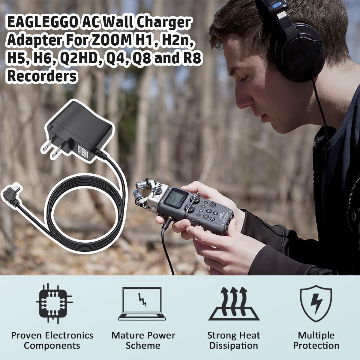 Eagleggo Power Supply Adapter for Zoom Recorders H1, H2n, H5, H6, Q2HD, Q4, R8 AC Adapter Wall Charger