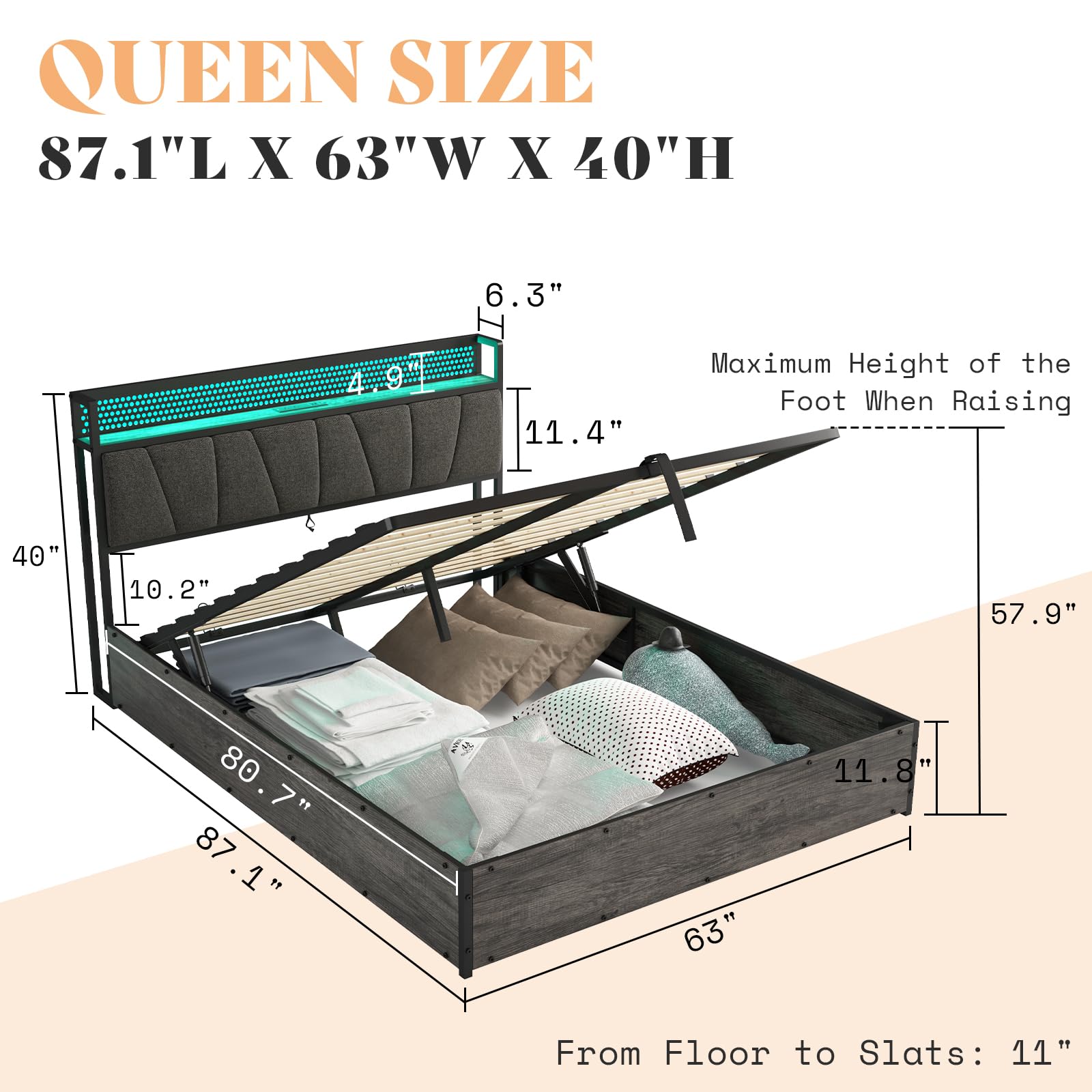 AMERLIFE Queen Size Lift Up Bed Frame with Linen Upholstered & LED Light & Storage Headboard, Platform Bed Frame with Charging Station, No Box Spring Needed, Noisy Free, Rustic Grey