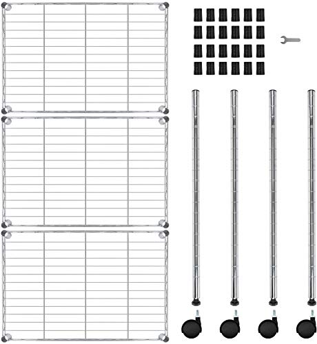 Simple Deluxe Heavy Duty 3-Shelf Shelving with Wheels, Adjustable Storage Units, Steel Organizer Wire Rack, Plug Version, 24.02”L x 13.78“W x 31.89”H, Chrome