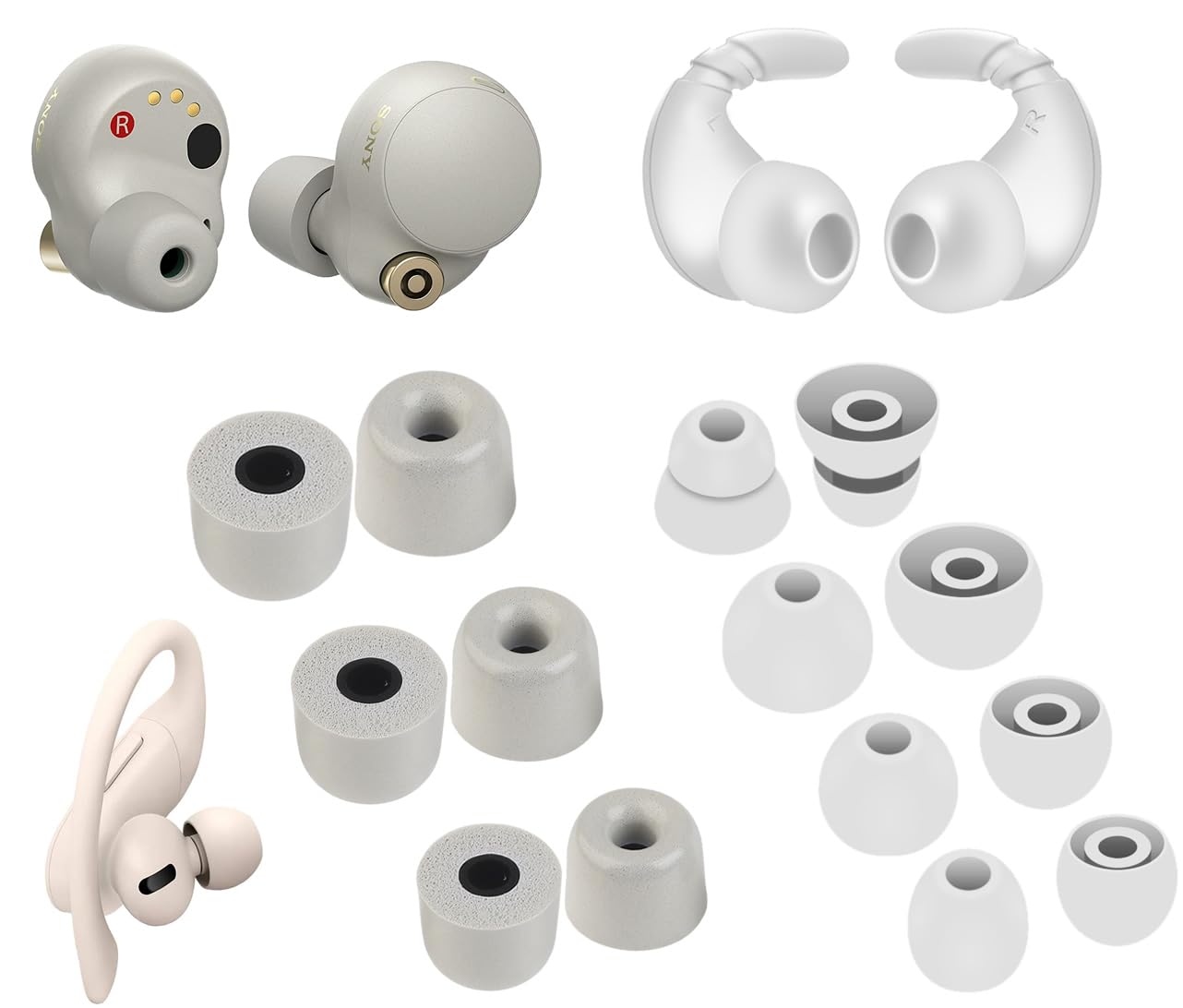 A-Focus [8 Pairs] WF-1000XM4 Ear Hooks Tips 【 Memory Foam & Silicone 】 Soft Replacement Comfortable Earbud Tips Wingtip Compatible with Sony WF-1000XM4 WF-1000XM3 WF-C500, 23515H Silver