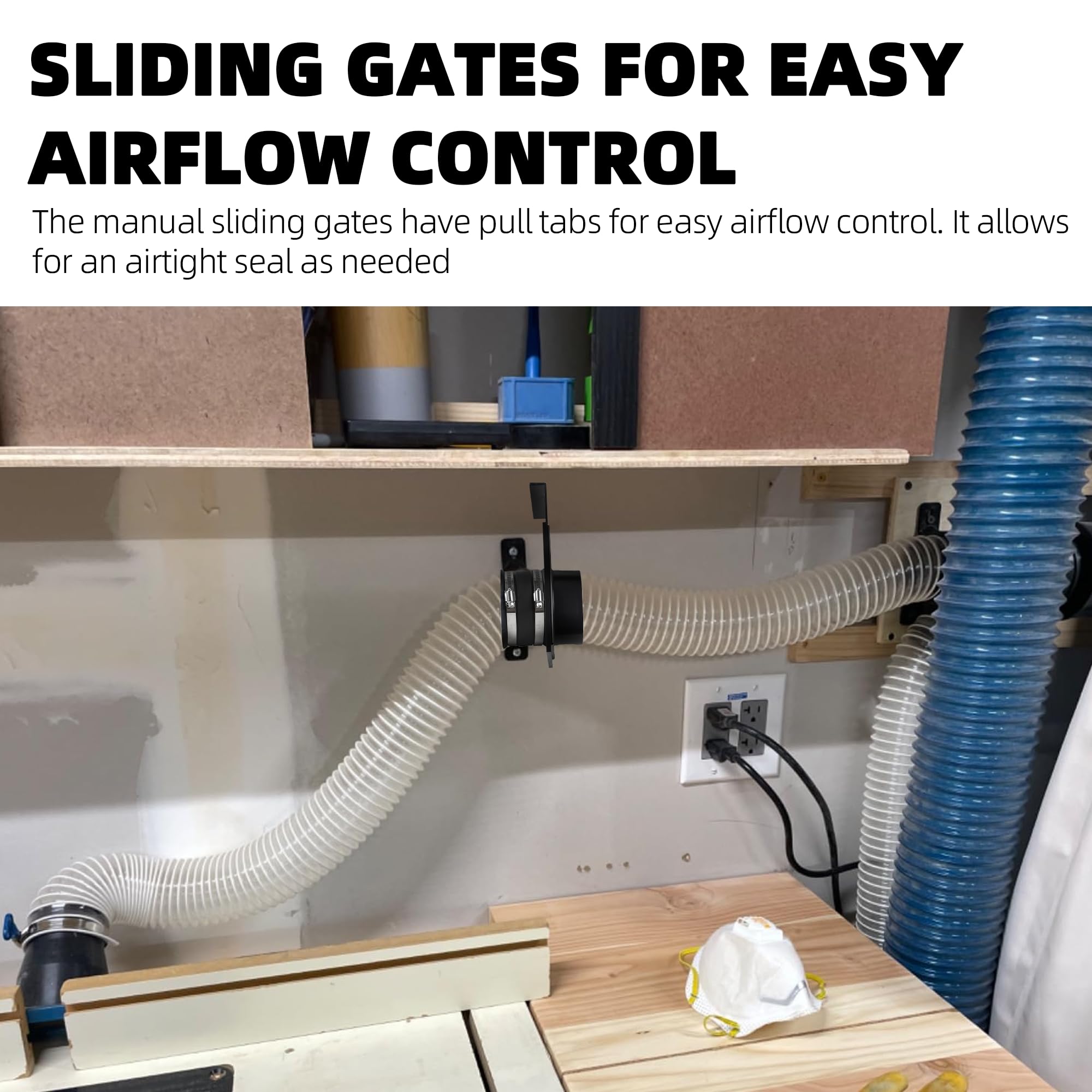 TonGass (1-Set) 4-Inch Blast Gates for Dust Collection Systems and Vacuum Fittings - with Easy to Use and Efficient Sliding Gates - Works with Flexible Hose Cuff Couplers