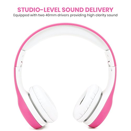 KPTEC [Volume Limited Kids Safety Foldable On-Ear Headphones with Mic, Volume Controlled at Max 93dB to Prevent Noise-induced Hearing Loss (NIHL), Passive Noise Reduction, Wired Earbuds,Pink