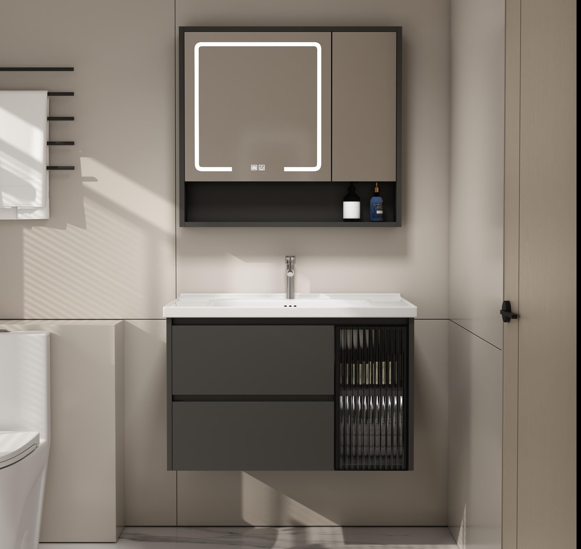 AmpleCharmic 24'' Medicine Cabinet Mirror, Barhroom Medicine Cabinet with LED Light, 3-Color, Dimmer, Defogger, Greywalnut