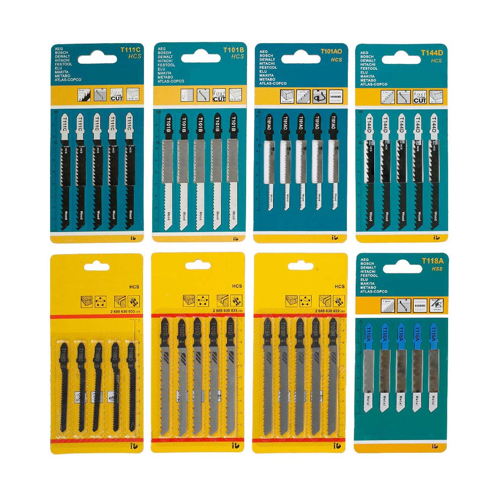 40 Pcs Jigsaw Blades Set Straight and Fast Cuts for Wood Plastic and Metal Cutting Fit Bosch, Dewalt, Hitachi, Festool Milwaukee (8 Sizes)