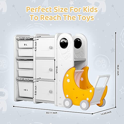 duke baby Kids 3 Layer Toy Storage Organizer with 5 Storage Bins, 3 Toy Cabinets with Doors, Display Bookshelves and Toy Cart for Kids Playroom Bedrooms Age 1-12, Space Collection Medium