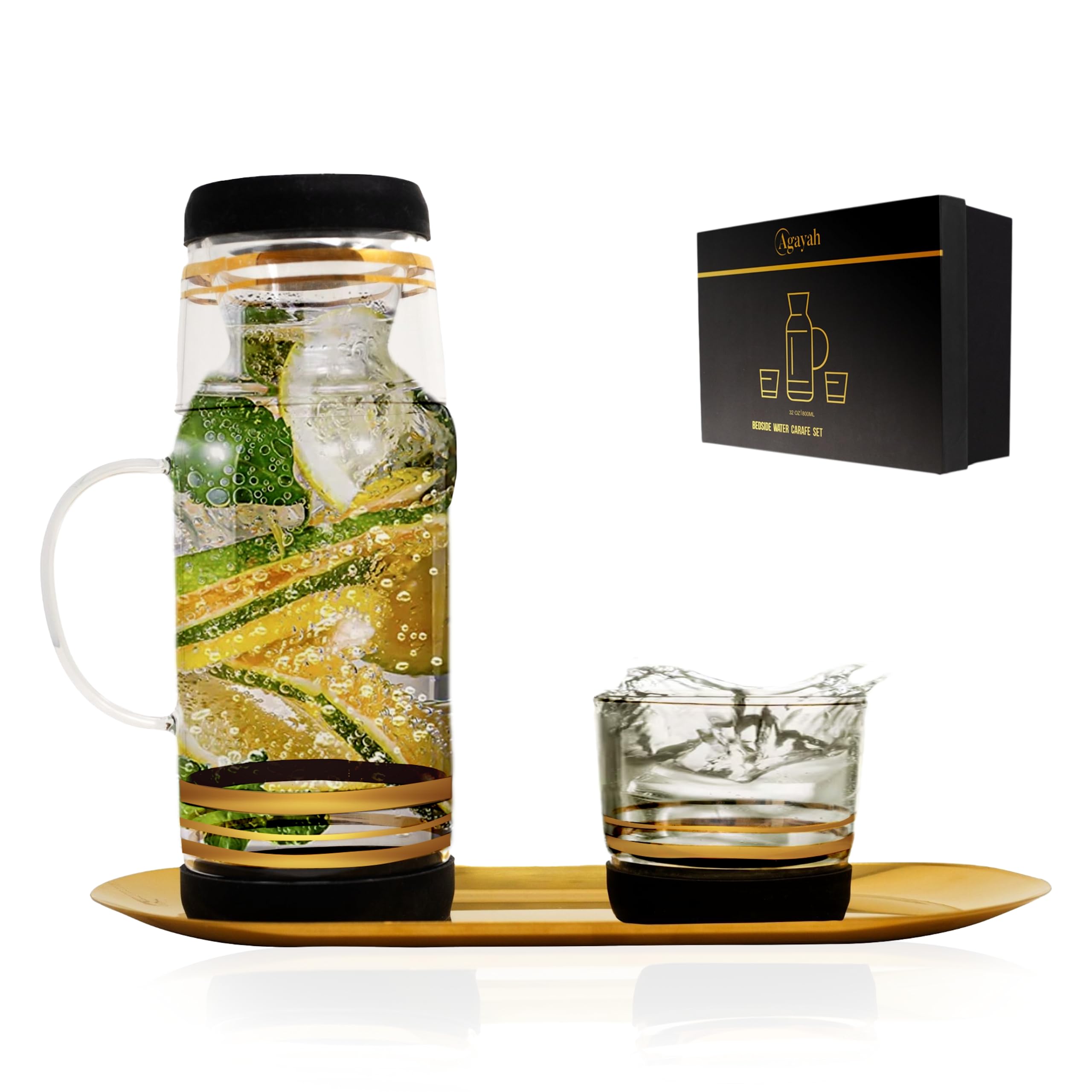 Agayah Water Carafe with Glass Cup for Nightstand and Gold Tray, Bedside Water Carafe and Glass Set. Water Carafe 32 OZ, glass cup 7 OZ (UK based)