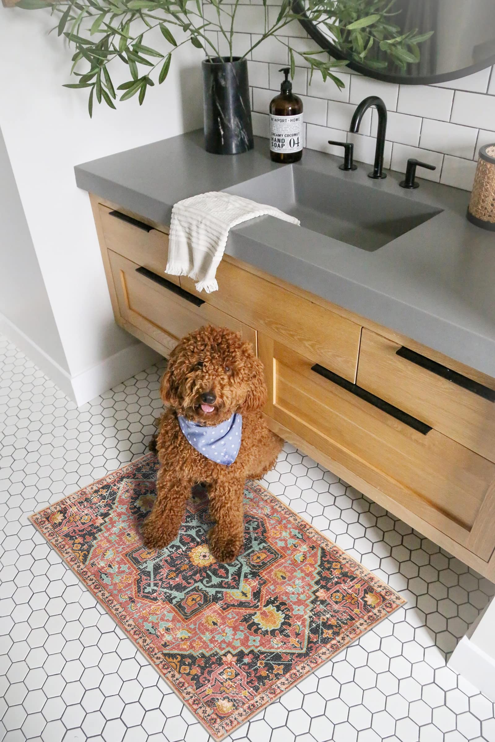 Lahome Washable Hot Pink Kitchen Rugs 2x3 Small Entryway Rug, Bathroom Rugs Non Slip, Bohemian Floral Soft Rubber Backing Low-Pile Indoor Printed Throw Floor Carpet for Bedside Laundry Door