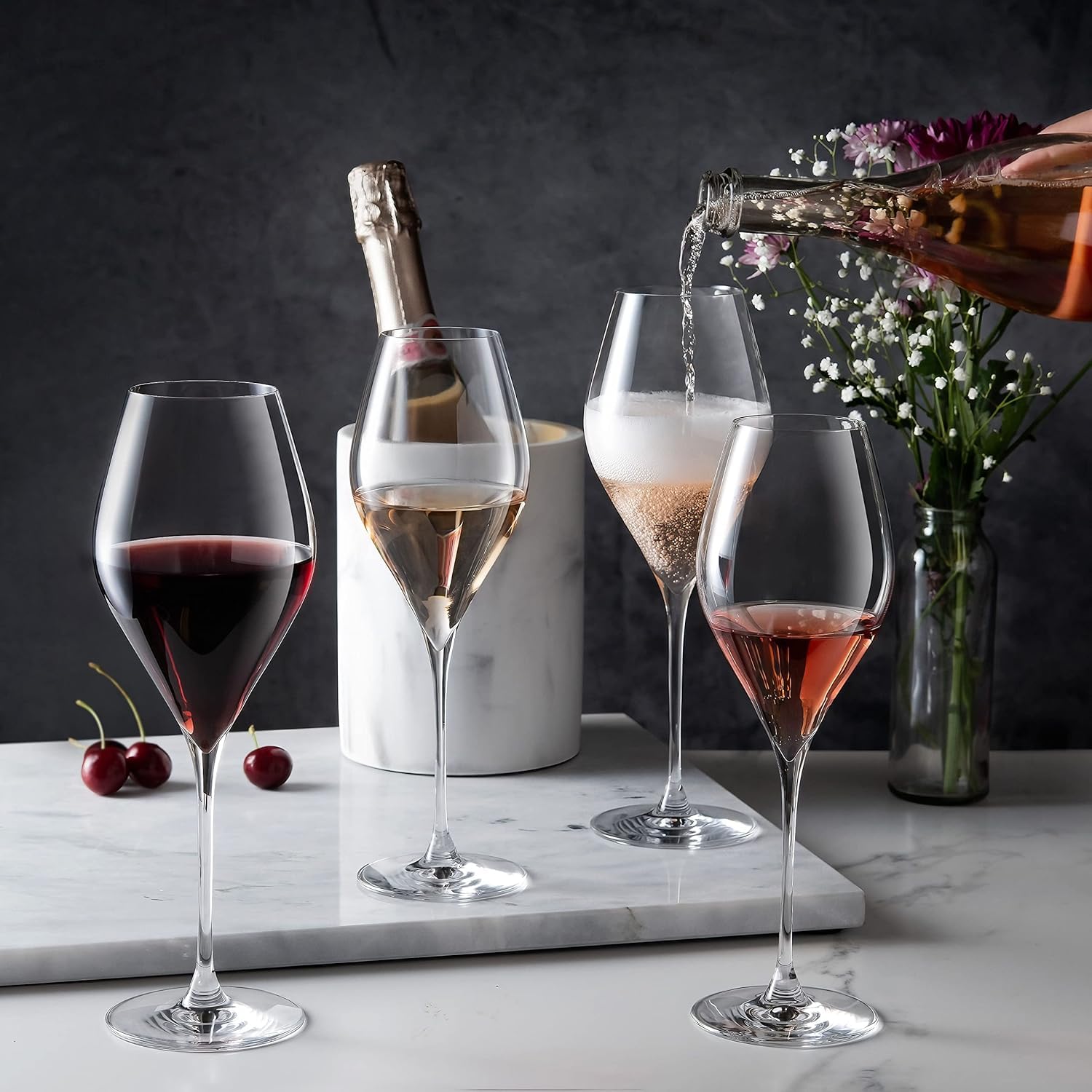 BENETI Hand-Blown European wine glasses set of 4 | 14oz Modern Long Stem Wine Glass Set for Red and White Wine