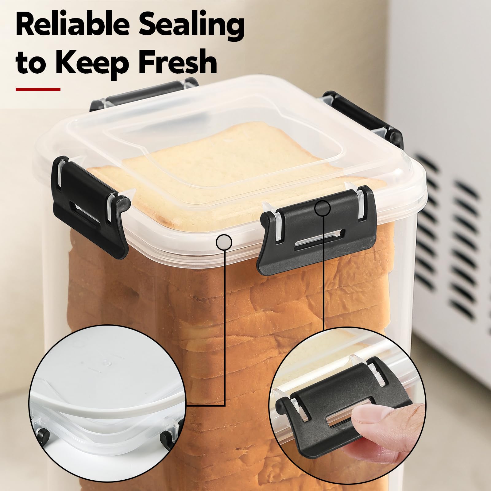 AOZITA Bread Box with Airtight Lid, Bread Storage Container, Bread Loaf Storage Dispenser, Plastic Sandwich Bread Keeper, Black Lid