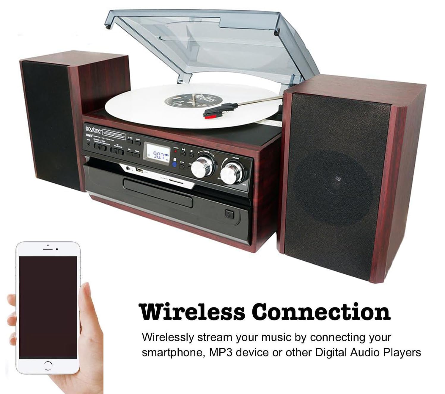 Boytone BT-24DJM Bluetooth Classic Style Record Player Turntable with AM/FM, CD/Cassette Player, Separate Stereo Speakers, Record from Vinyl, Radio, Cassette to USB with MP3 format, SD Slot, USB, AUX.
