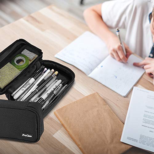 ProCase Pencil Bag Pen Case, Large Capacity Students Stationery Pouch Pencil Holder Desk Organizer with Double Zipper, Portable Pencil Pouch for School Office Supplies -Black