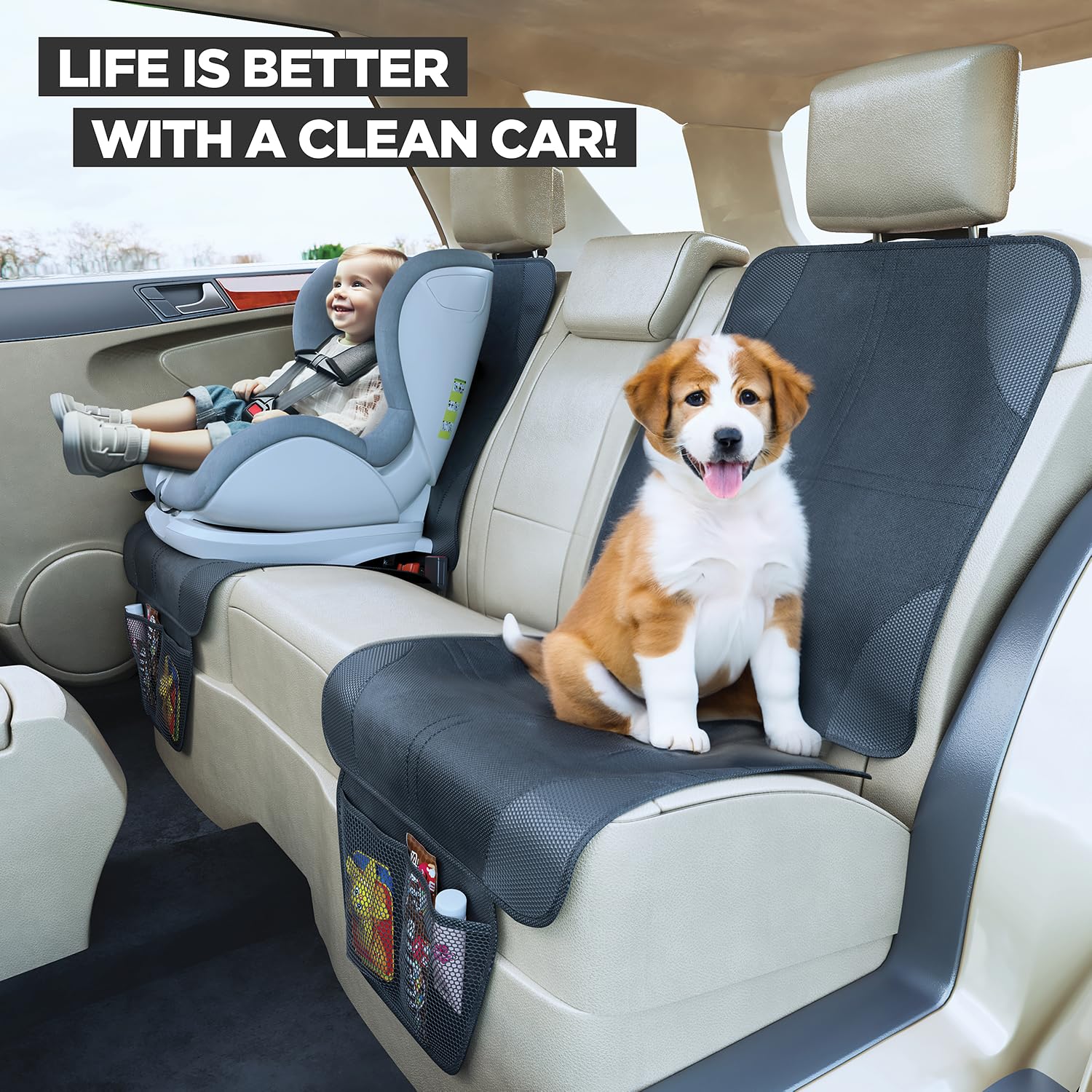 lebogner Car Seat Protector + Backseat Organizer With iPad and Tablet Holder, 5 Pocket Storage Car Seat Back Cover & Kick Mat Protector