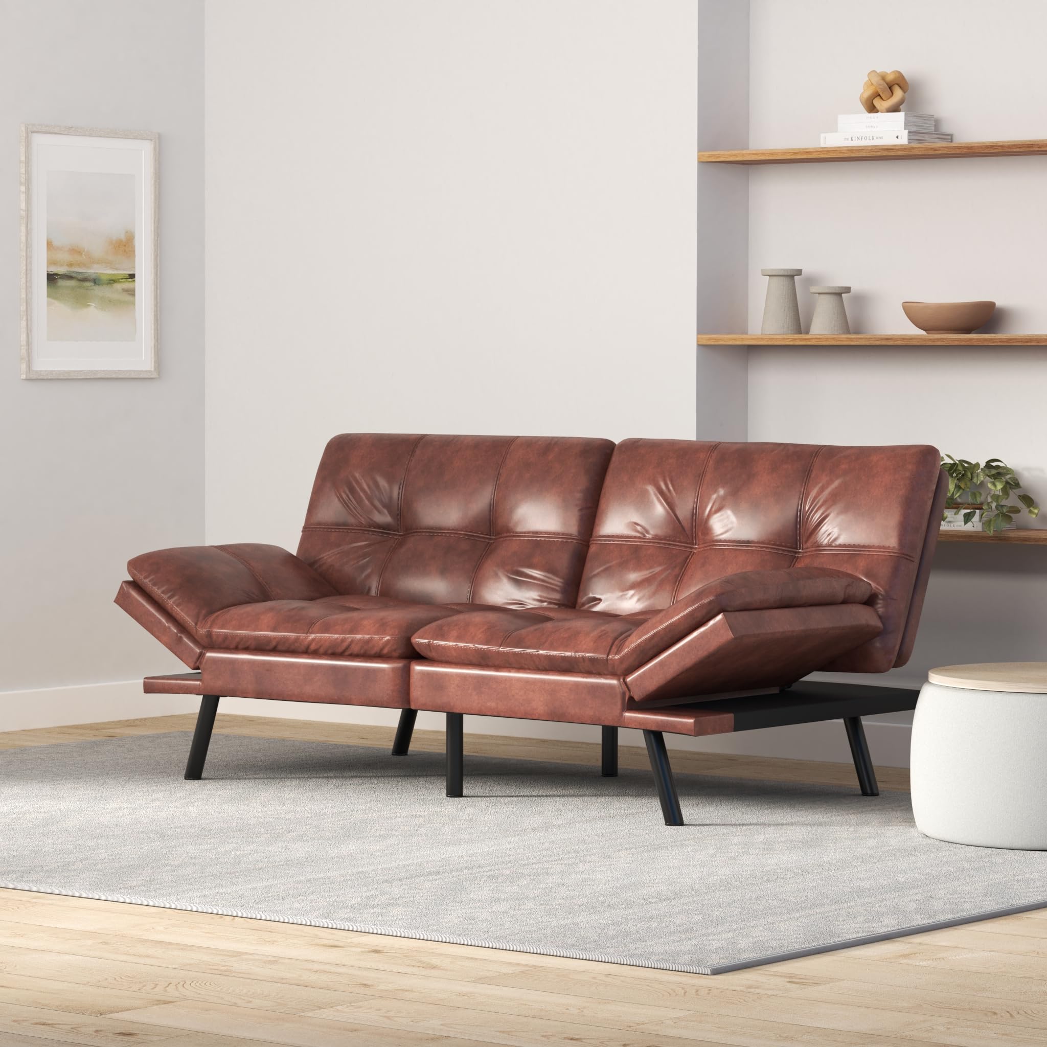 MUUEGM Futon Sofa Bed Memory Foam Futon Couch Convertible Sofa Sleeper,Modern Faux Leather Love seat Sofa for Living Room,Office,Small Space,Apartment,Dorm,Adjustable Backrests Armrests,71",Brown