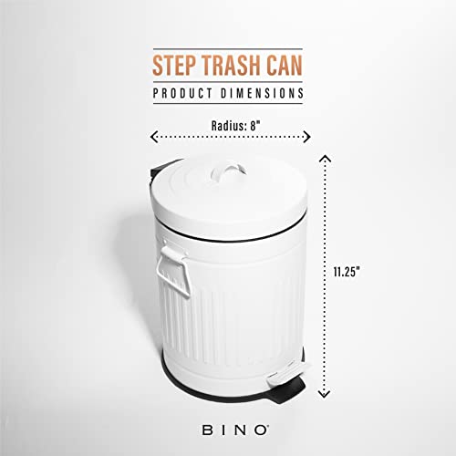BINO Round Step Trash Can | Home or Office Bathroom Trash Cans with Lids | Kitchen Garbage Can with Non-Slip Stepper | Stainless Steel Small Trash Can with Lid | Matte White (1.3 Gallon/5 Liter)