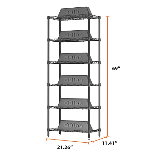 SINGAYE 6-Shelf Storage Shelf Wire Shelving Unit Metal Shelves Unit Storage Adjustable, Standing Shelf Units with PP Liner 21.25" W X 11.41D X 69 "H (Black)