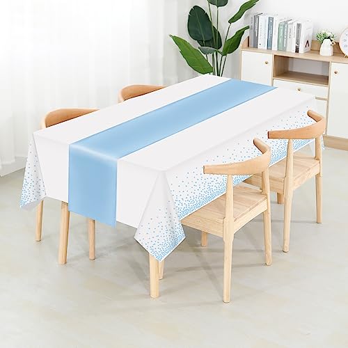 8 Pack Disposable Plastic Tablecloths and Satin Table Runner Set, 54 x 108 Inch Rectangle Tablecloth, 12 x 108 Inch Satin Table Runner for Wedding Graduation Birthday Party (Blue)